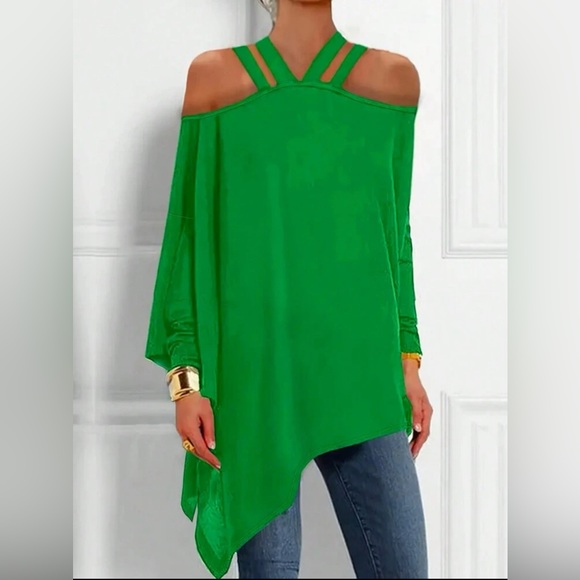 Tops | 667 4x Plus Size Green Offshoulder Long Shirt With Irregular ...